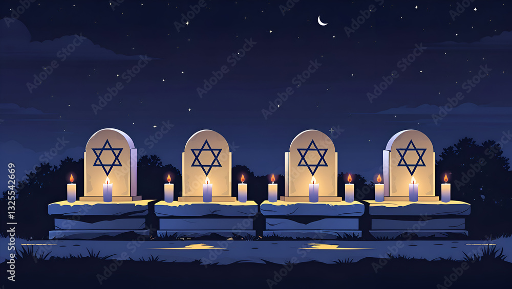Remembrance Day, Judaism Graveyard, Candle on Jewish Graves at Night ...