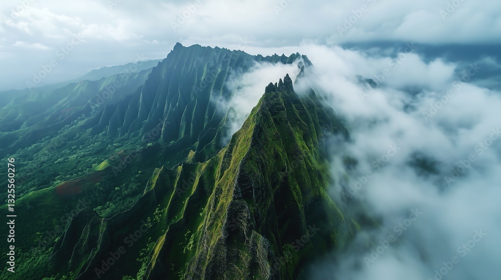 dramatic aerial view of sharp mountain ridge partially covered in ...