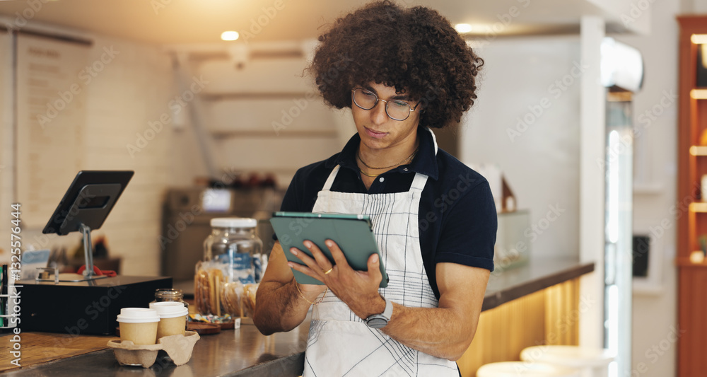Waiter, tablet and search with man in cafe for inventory checklist ...