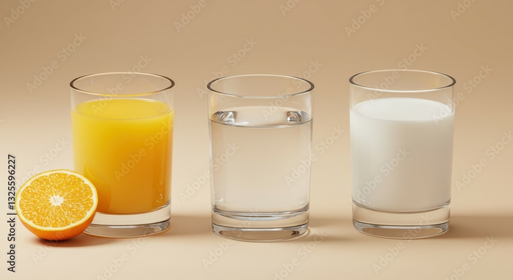 Glass containers, beverages, minimalist setup, studio lighting, neutral ...