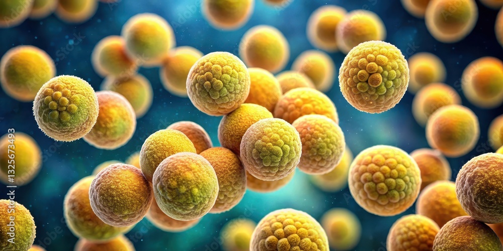 Cluster of spherical Staphylococcus aureus bacteria magnified under a ...