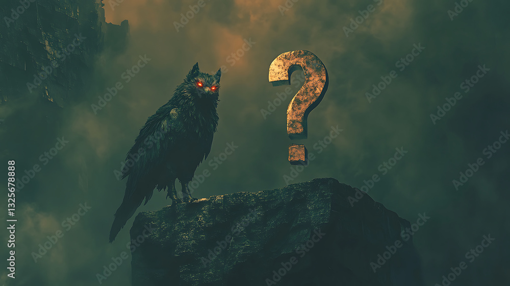 Pixelated Owl Perched On Stone Beside Golden Question Mark Against Dark ...