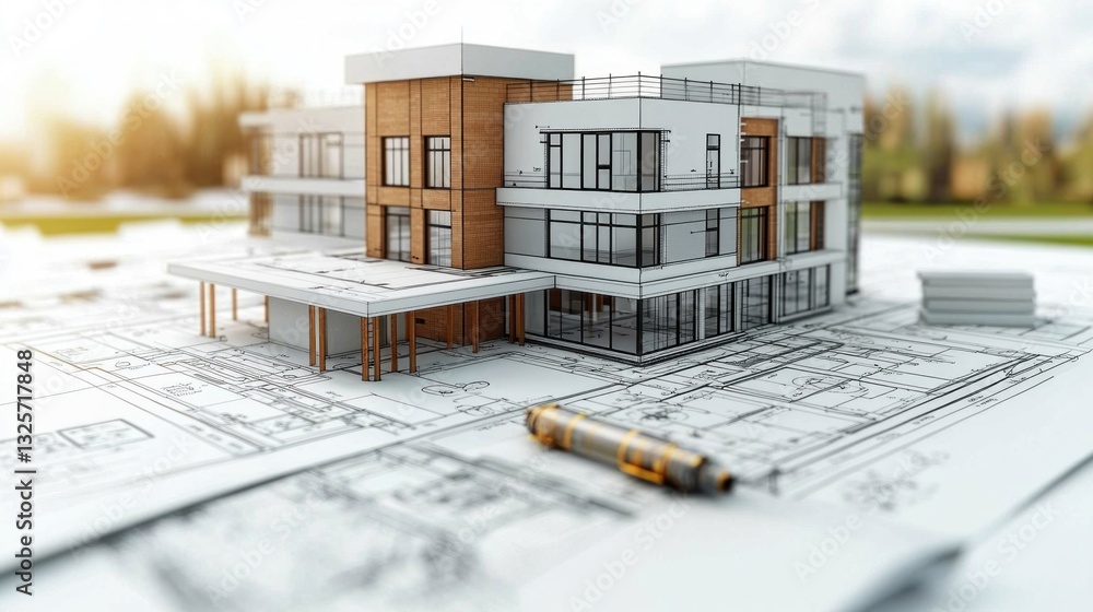 A modern building model placed on architectural blueprints and drawings ...