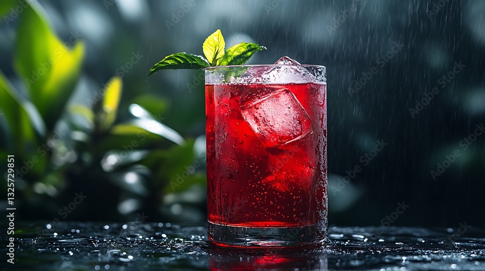 A refreshing hibiscus iced tea with a translucent ruby hue, elegantly served in a modern ...
