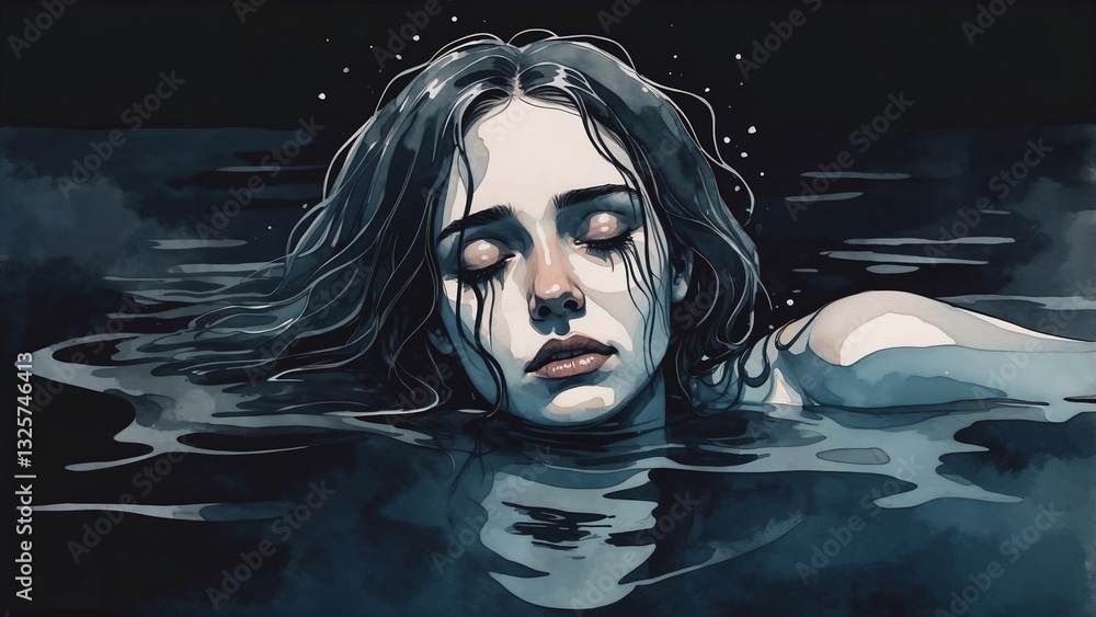 Sad woman floating in dark water, emotional artistic illustration ...