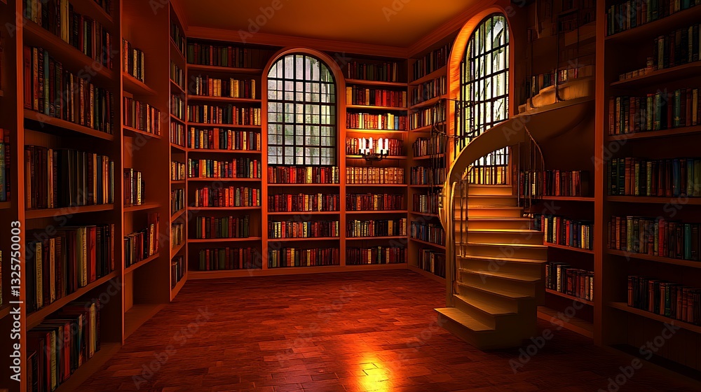 Private library with stairs and bookshelves; ideal background for ...