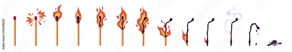 Steps of burning matchstick set. Lightning of matches with fire, sparks ...