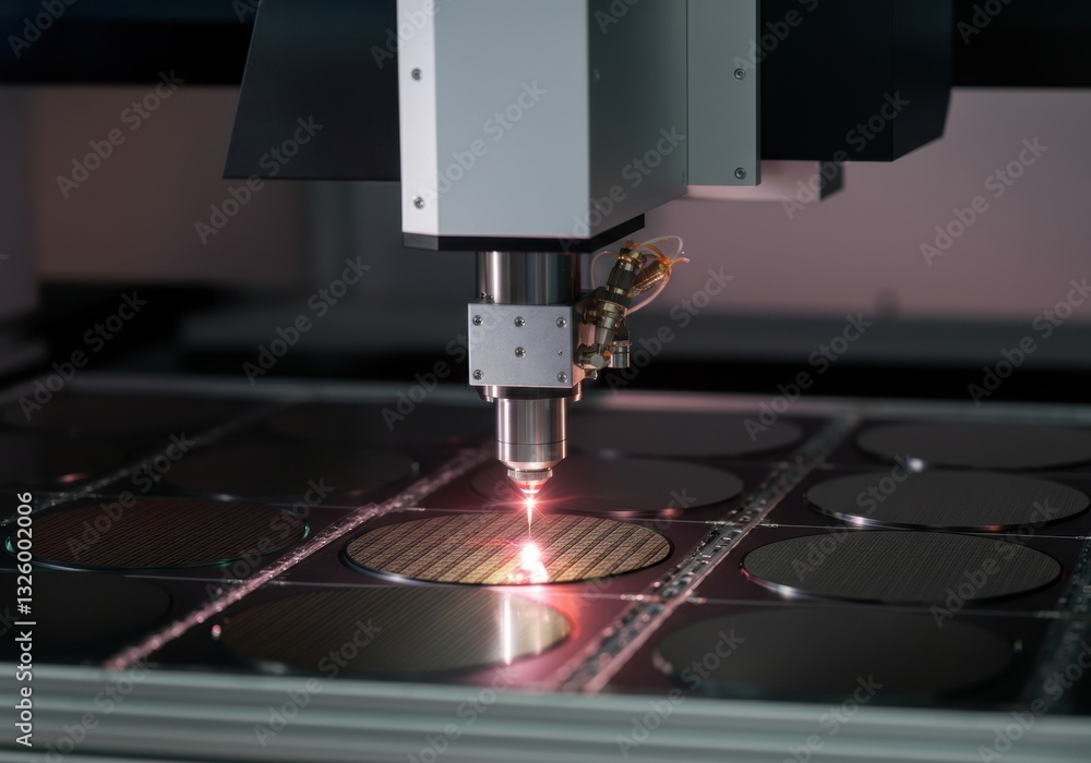 Laser cutting machine processing silicon wafers in a cleanroom ...
