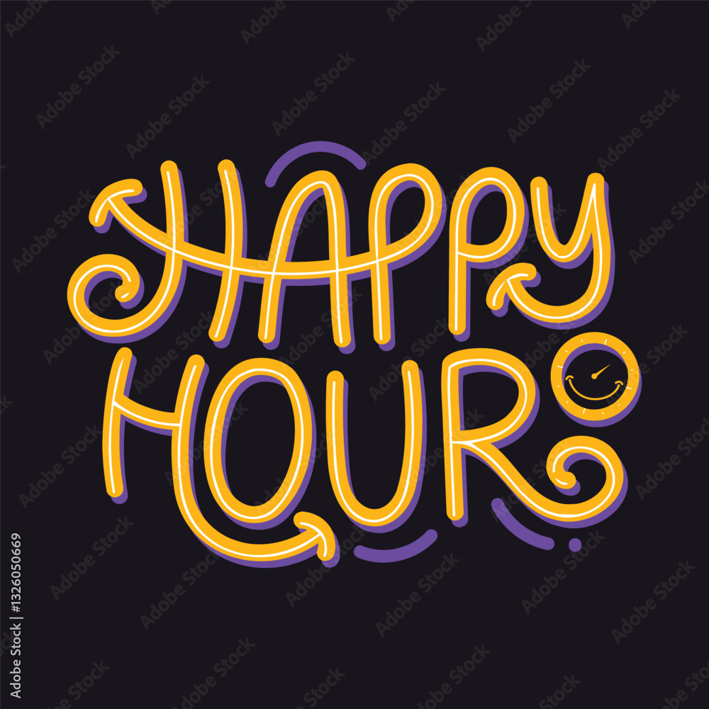 Happy Hour hand drawn lettering neon sign vector. Happy Hour Design ...
