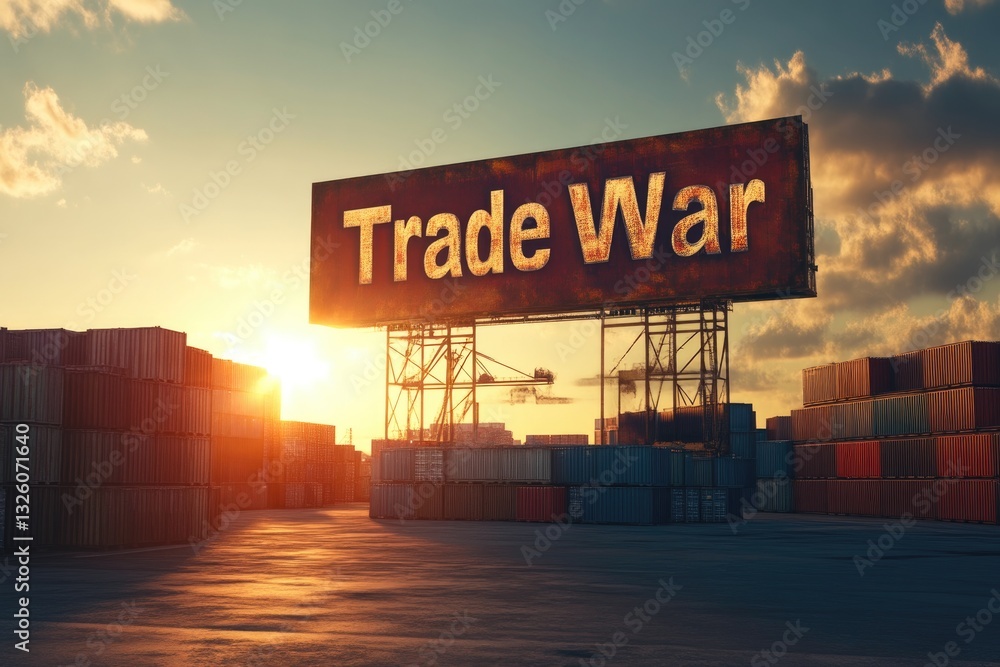 Trade War Sign Over Stacked Shipping Containers Stock Photo | Adobe Stock