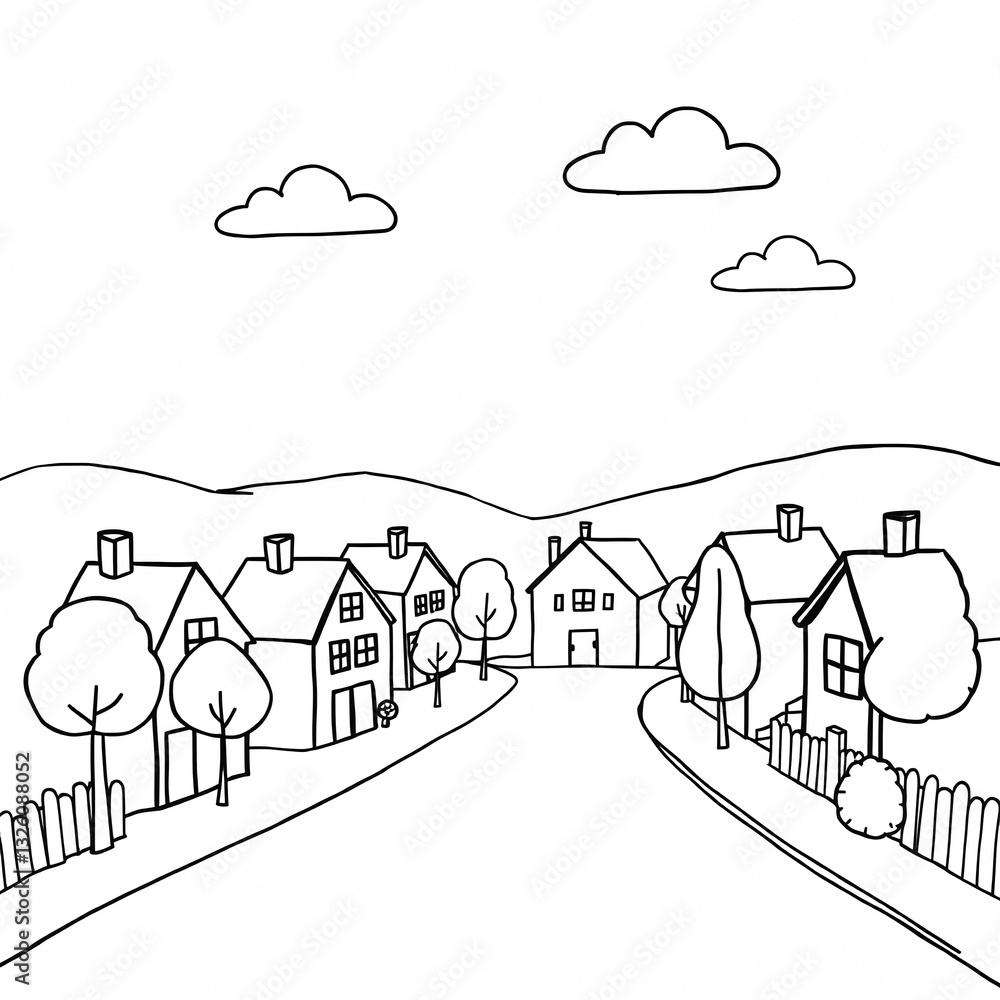 Cartoon Neighborhood Line Drawing Cute Houses Row Whimsical Village ...