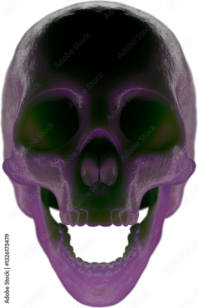 Hyper realistic digital rendering of a skull with a glowing purple ...