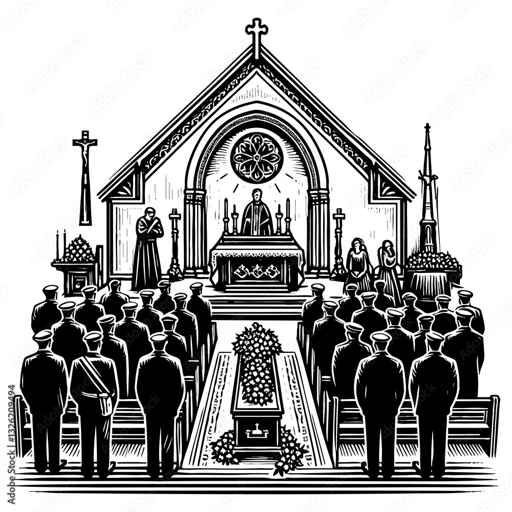 funeral ceremony with mourners dressed in formal attire, a coffin, a ...