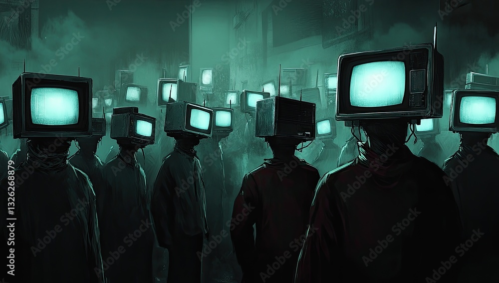 Crowded dystopian scene, people with TV heads, city background, mass media Stock Illustration ...