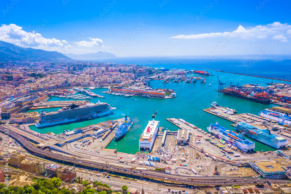 An aerial view of the bustling main port of Genoa, Italy, showcasing ...