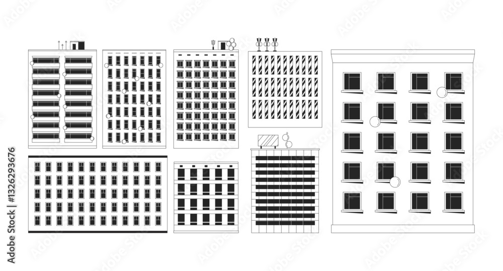 Highrise buildings in variety of architectural styles with antennas 2D ...