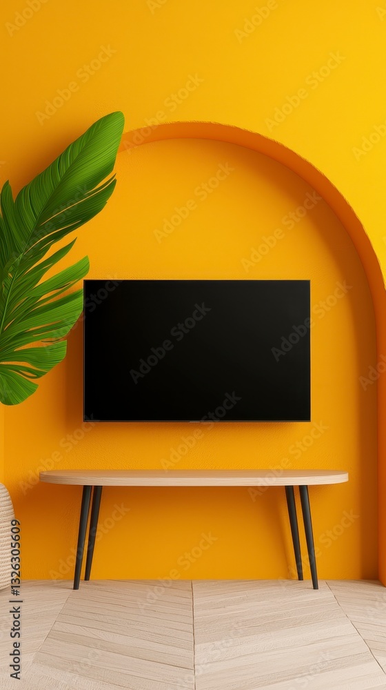 Contemporary television displayed on a wall in a chic tv room featuring ...