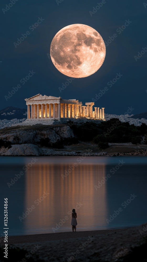 Majestic full moon rises over the Parthenon illuminating the night sky ...