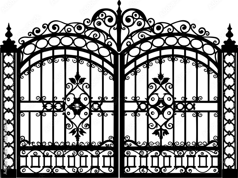 SVG vector features ornate wrought iron gates with gate pillar ...