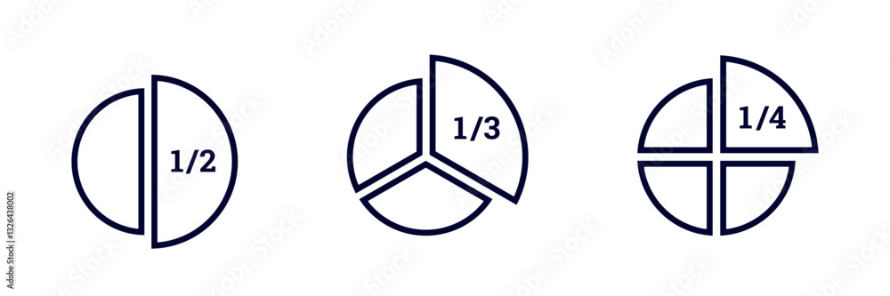 Three distinct circle diagrams display fractions labeled one half, one ...