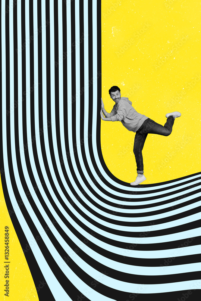 Exclusive image vertical photo collage of happy guy push striped ...