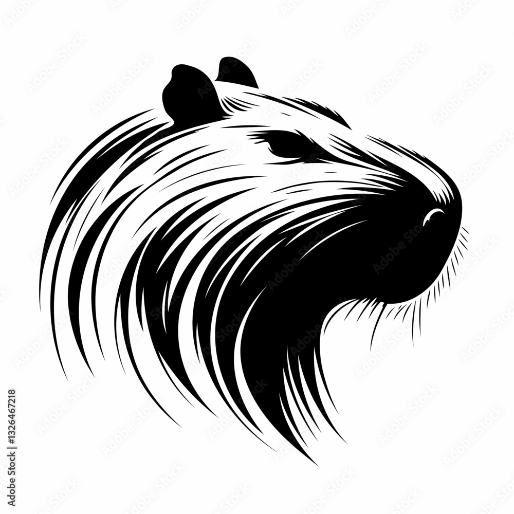 Vector black and white silhouette of a capybara face profile, executed ...