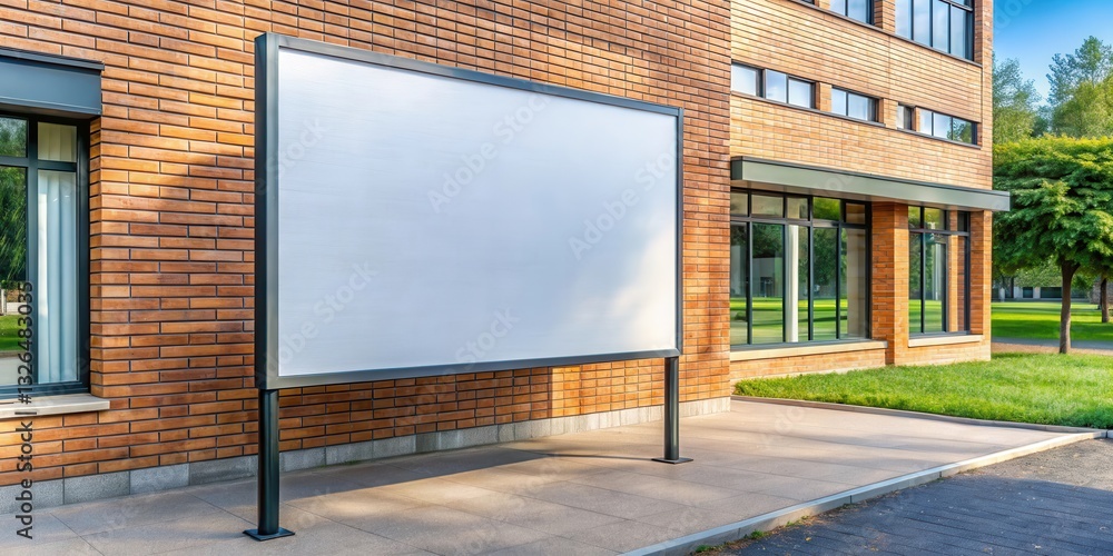 A blank signboard mockup on a school campus bulletin board with a ...