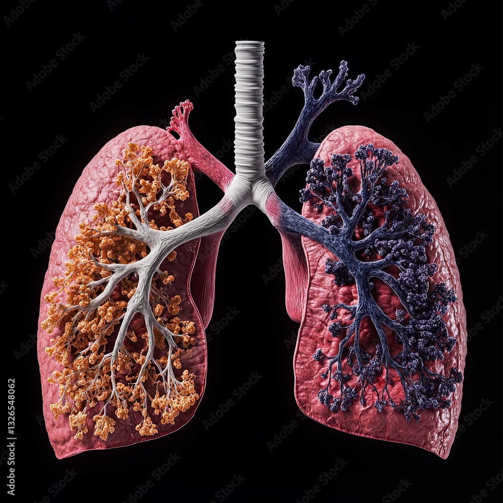 A side-by-side 3D comparison of COPD-affected lungs versus healthy lungs, with clear anatomical ...