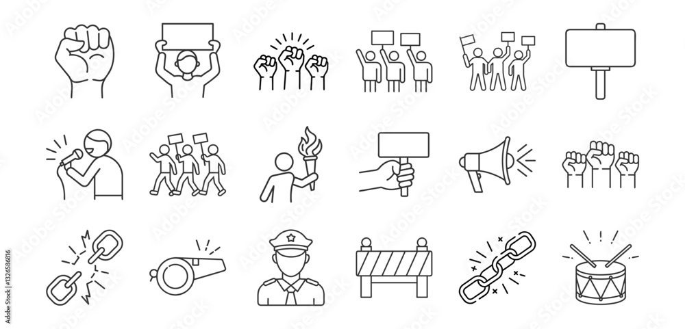 Protest and activism line icon set. Vector pictograms of clenched fists ...