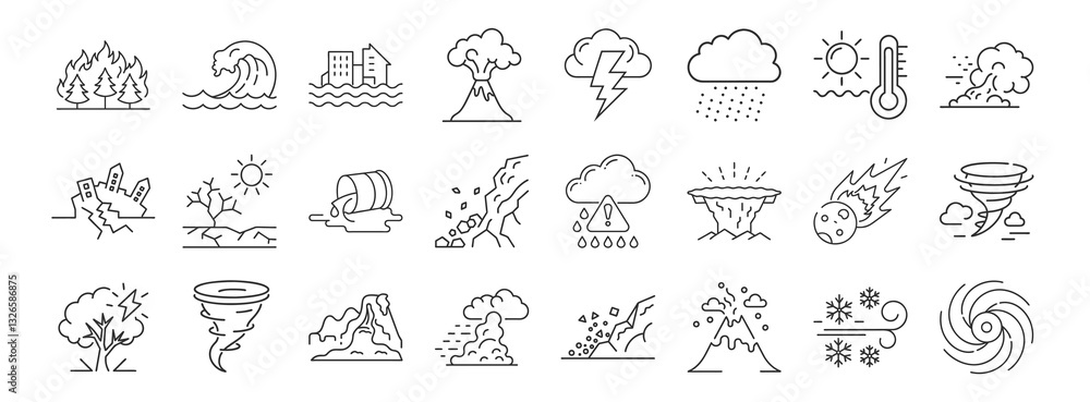 Disaster, weather hazard line icon set. Vector pictograms of natural ...