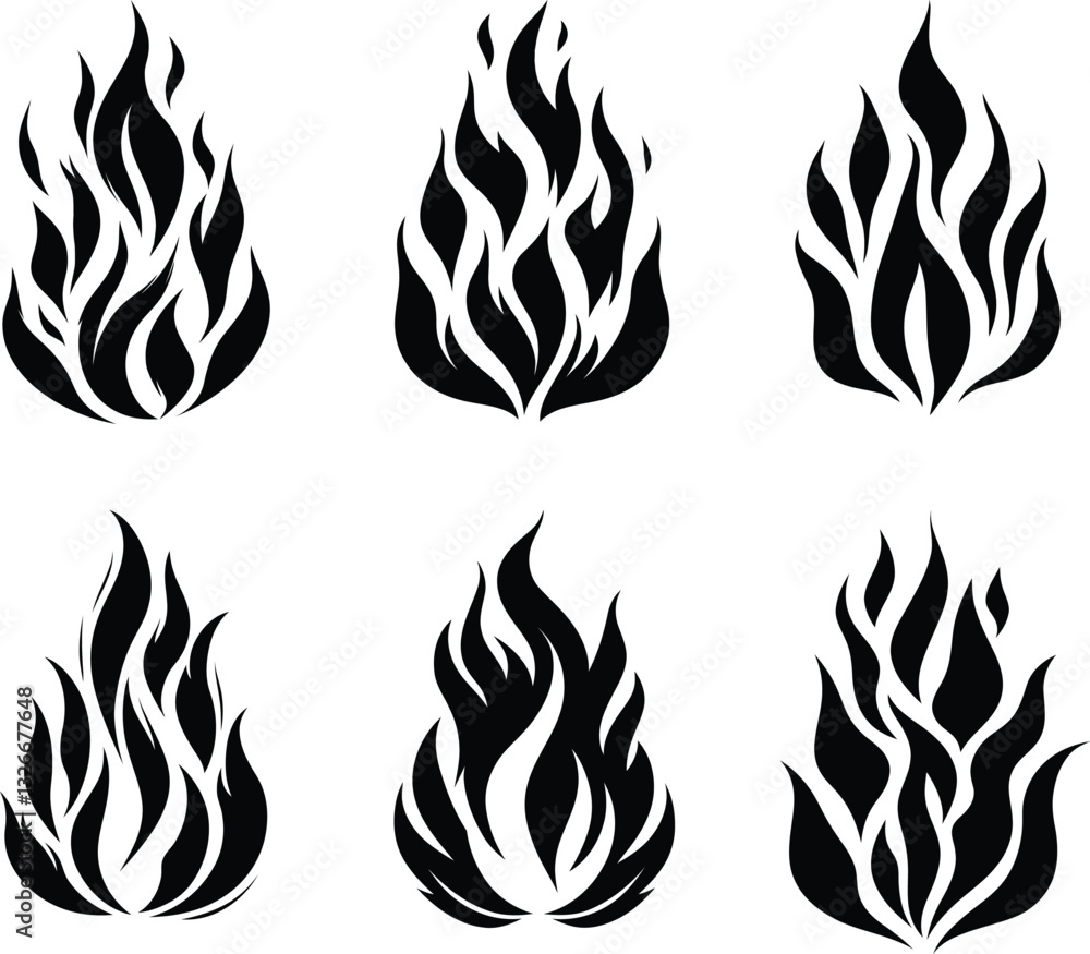 Stylized Fire Flame Clipart Icons Set. Burning Flames Symbol Black ...