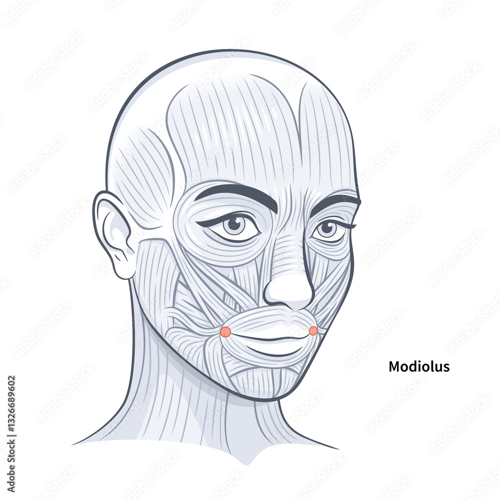 Modiolus. Facial muscles of the female. Detailed bright anatomy ...