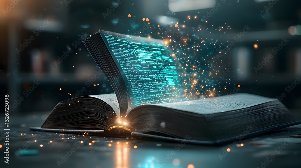 A photograph of an open book where glowing lines of code emerge forming a futuristic holographic ...