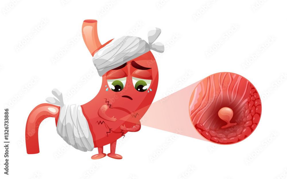 Polyps in stomach, cute cartoon character with stomach in pain. Sad ...