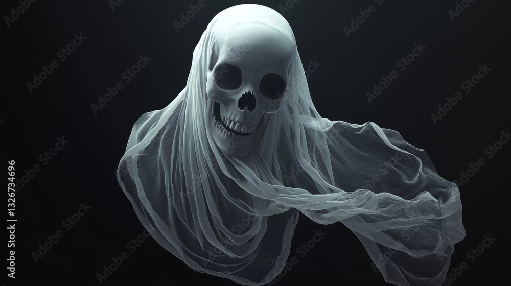 floating skull ghost in a translucent white shroud, haunting dark ...