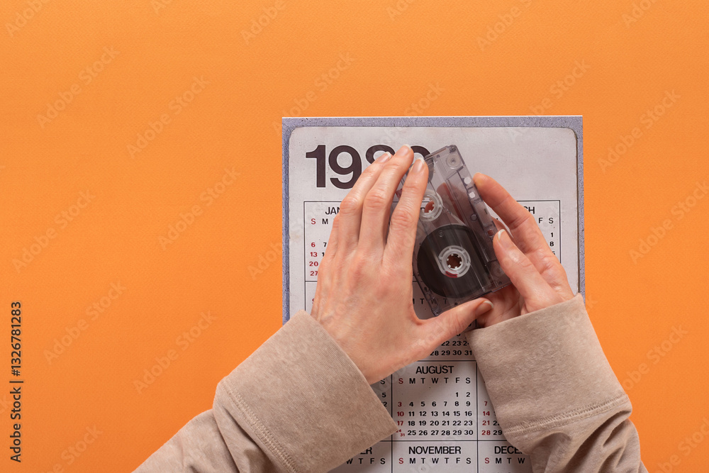 Nostalgic sentimental woman with old calendar and compact tape reliving ...