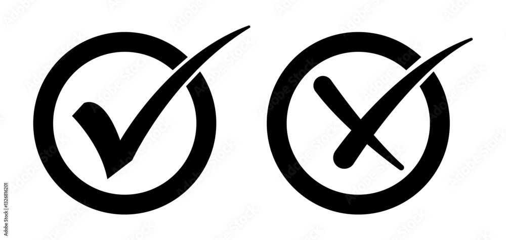 Vector set of flat round check mark in white background. X mark ...