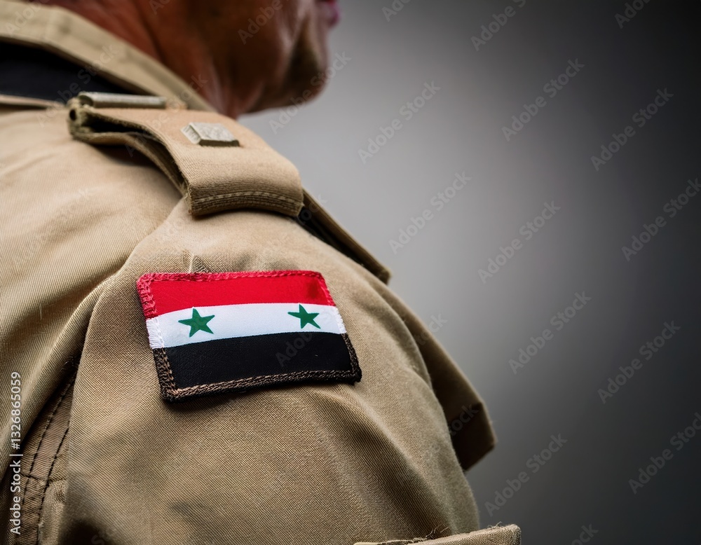 Syrian soldier in uniform showing national flag insignia during ...
