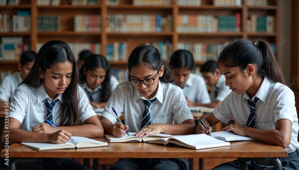 Group of Indian High School Students Studying and Researching Together ...