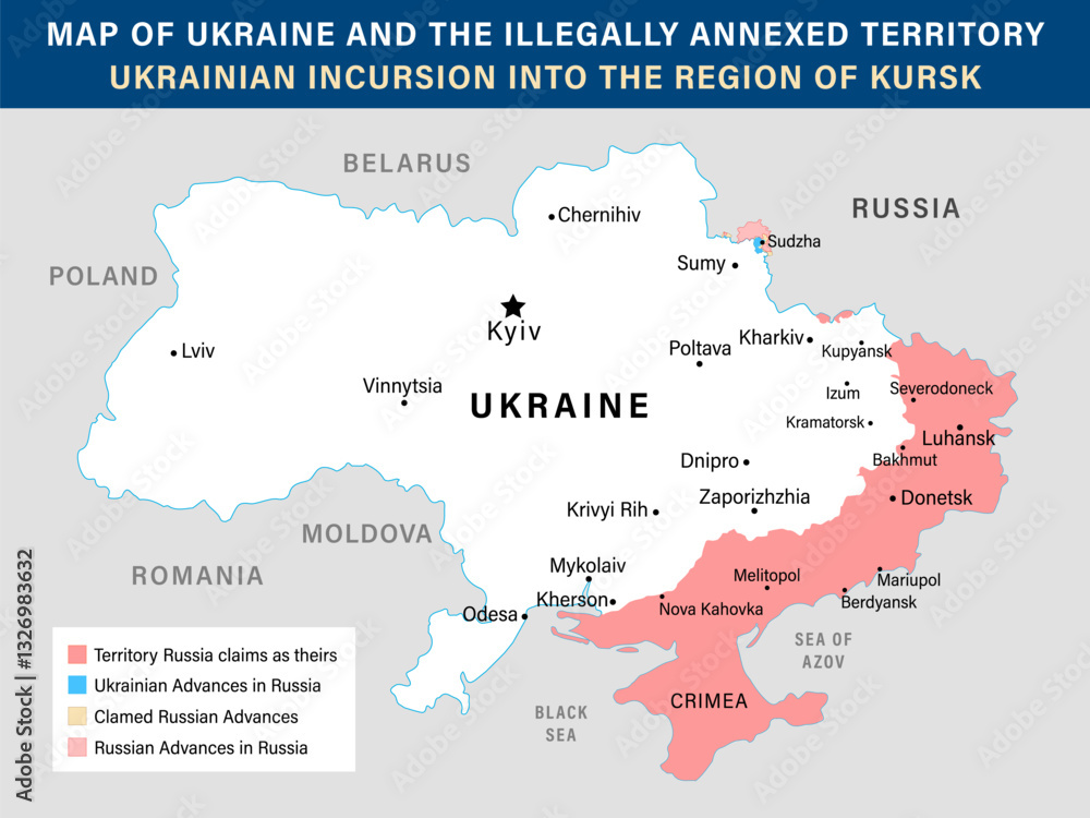 Map of Ukraine with illegally russian annexed territory border and ...