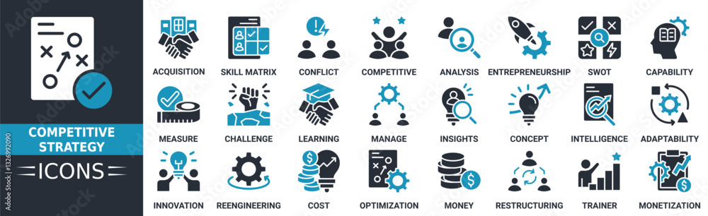 Competitive strategy icon set. Containing Acquisition, Skill Matrix ...