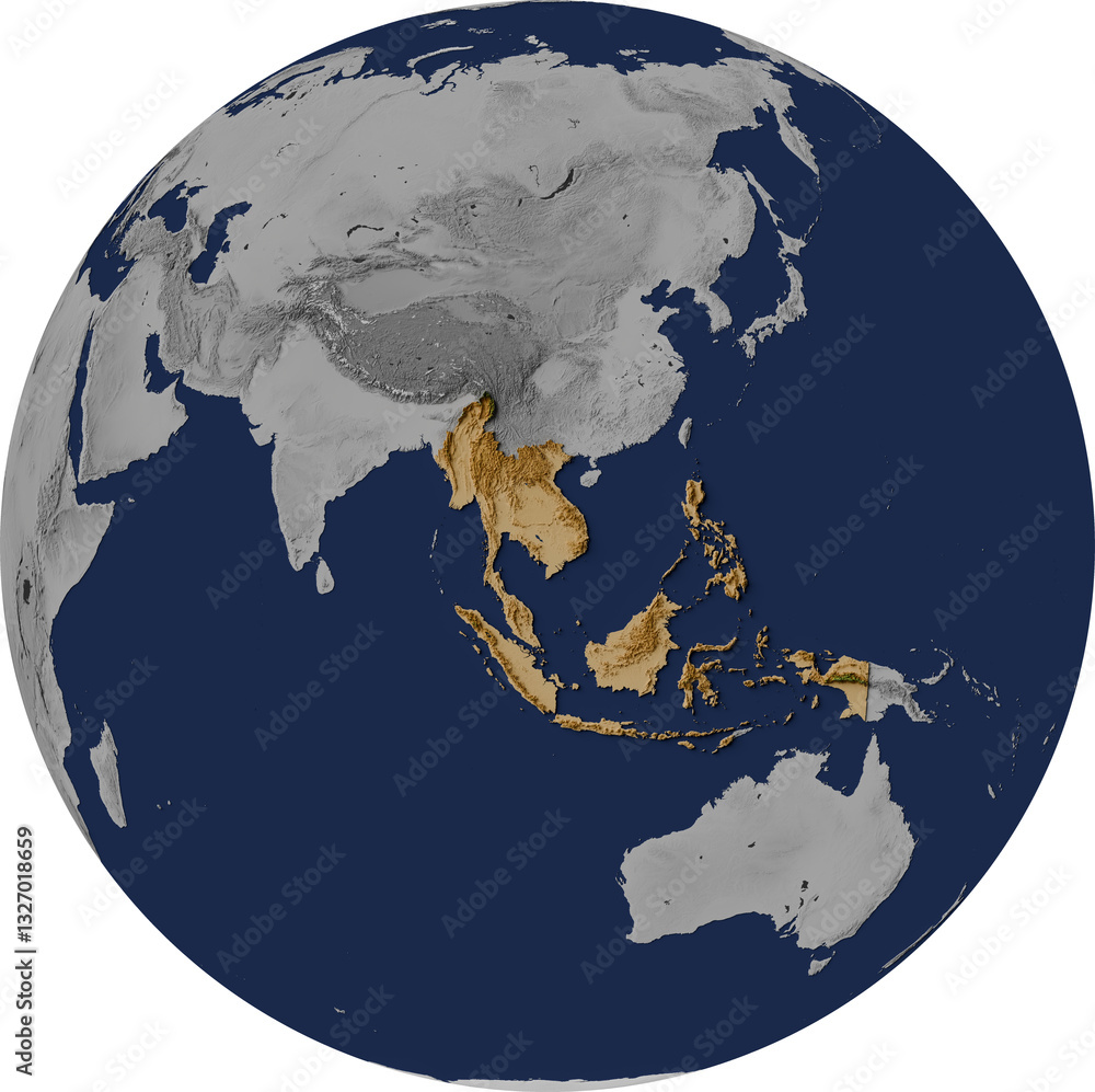 Colored terrain map of Southeast Asia in orthographic view Stock ...