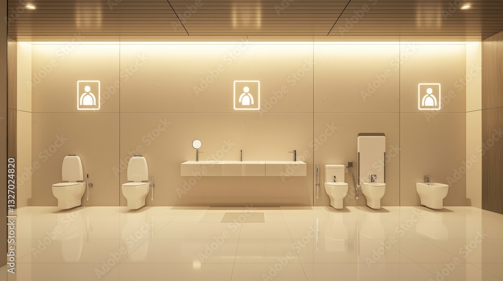 Interior washroom displaying accessible restroom signage. Male, female ...