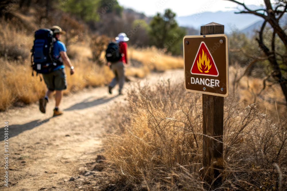 Hikers navigate a dry trail marked with a warning sign about fire ...