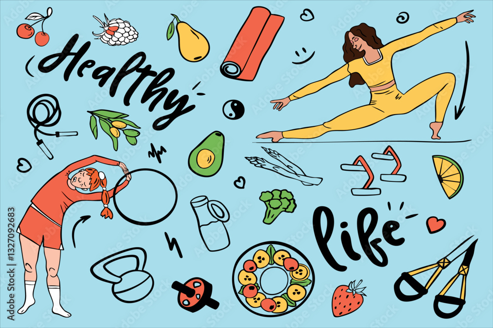 Healthy life. Vector cartoon illustration with food and sport icon ...