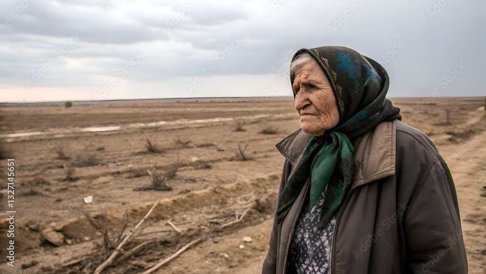 Old woman in the desert - An old woman with sad expressions standing in ...