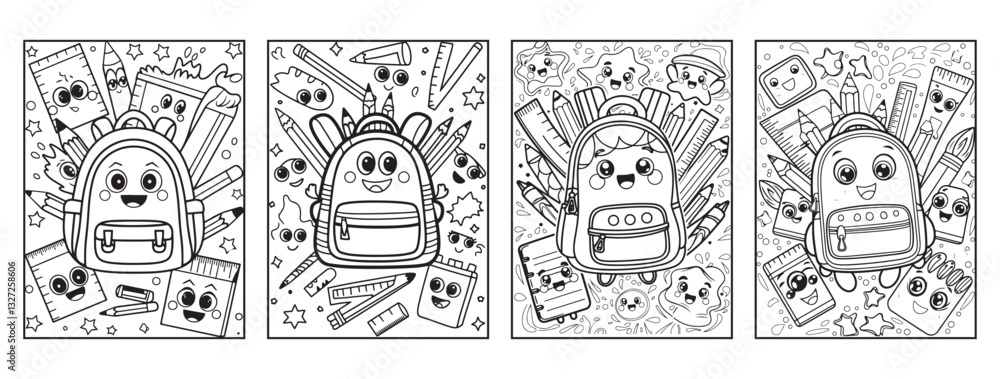 Set of Coloring book page school elements for children, line art ...