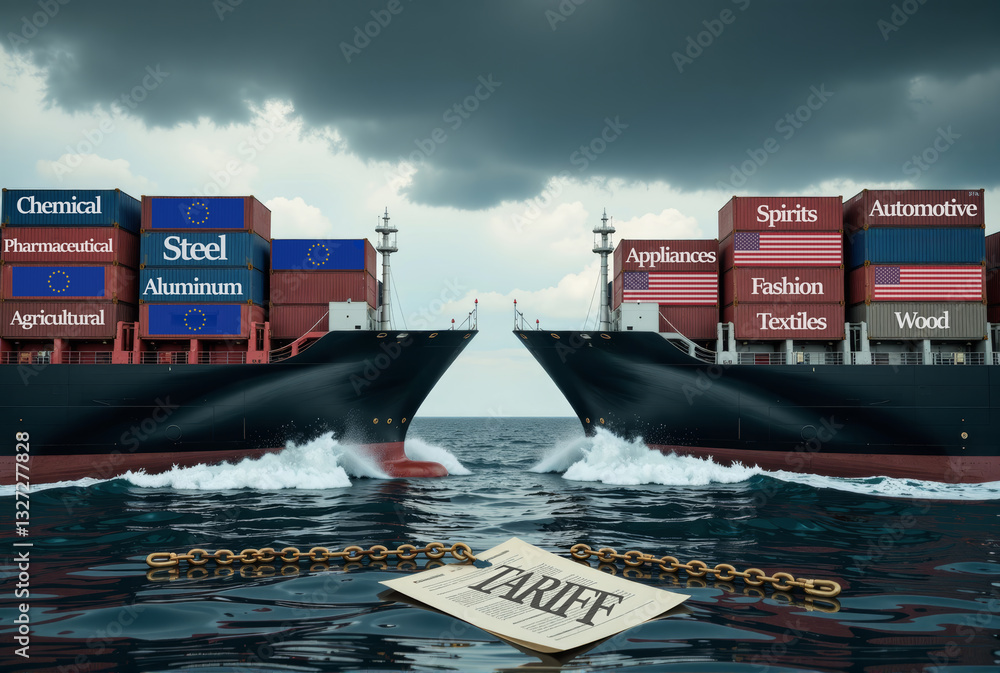 Cargo ships representing usa and european union facing each other for ...