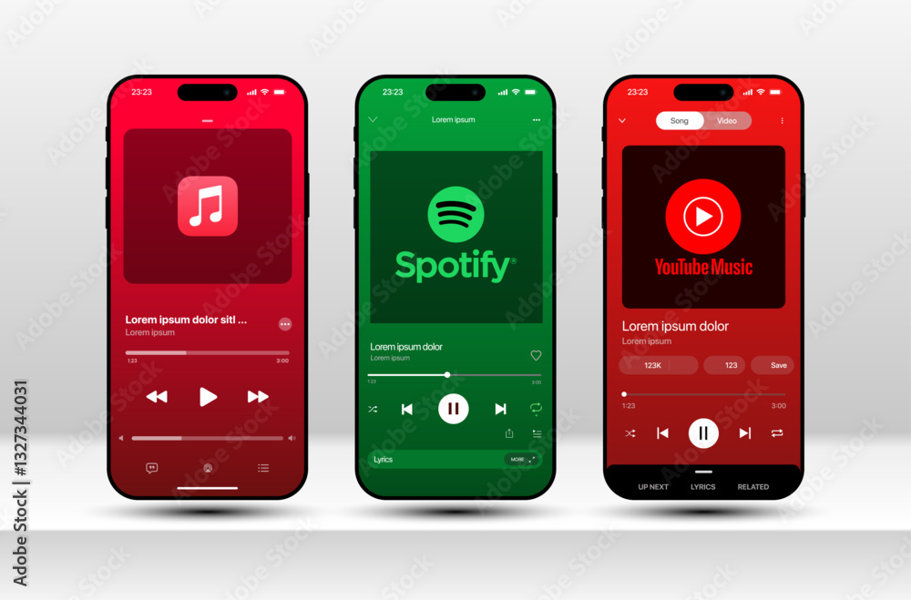 Spotify, Apple Music, and YouTube Music Mockup . Template for music streaming services. UI ...