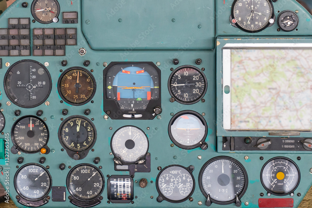 Old soviet military fighter jet green dashboard with old analog ...